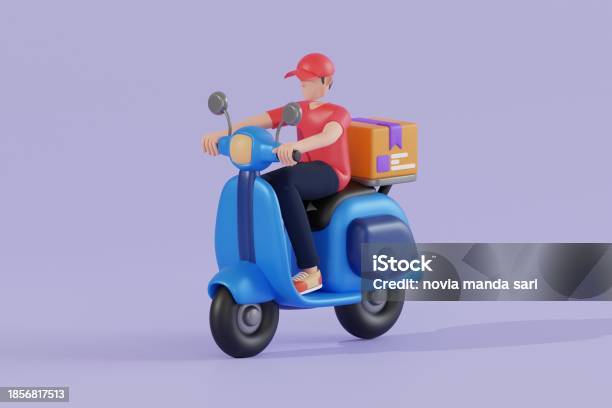 3d Illustration Of Delivery Man Riding A Motorcycle With Delivery Box