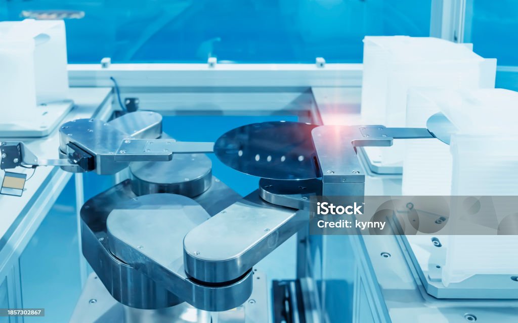Automate Robot Arm With Silicon Wafers And Microcircuits And Automation System Control