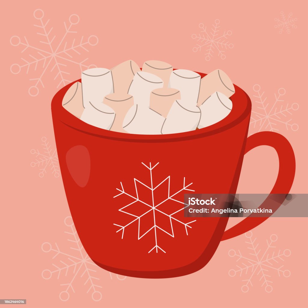 Vector Hot Chocolate With Marshmallows In A Red Cup Cocoa With Marshmallows Pink Background With