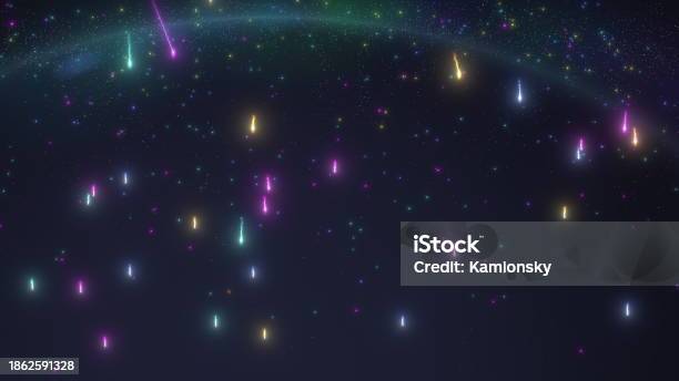 Comets And Meteors Of Various Colors Set Amidst A Starry Backdrop With