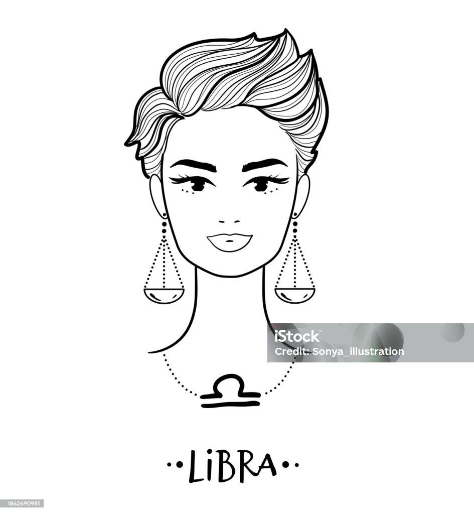Libra Zodiac Sign Line Art Female Face Portrait Stock Illustration