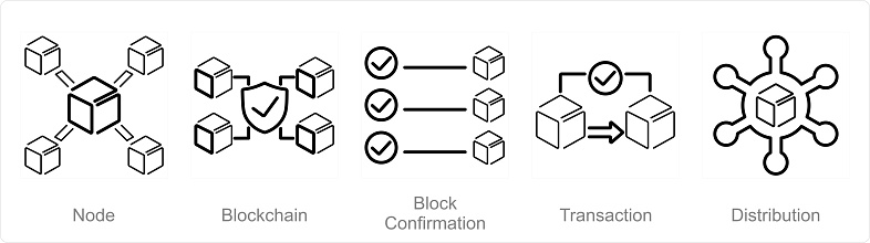 A Set Of 5 Blockchain Icons As Node Blockchain Block Confirmation Stock