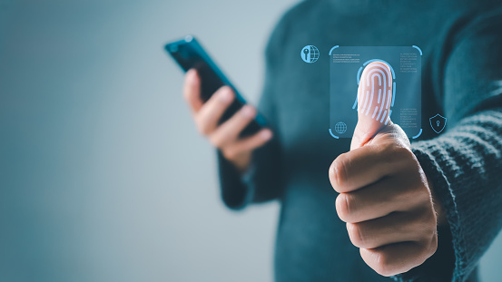 Businessman Scan Fingerprint Biometric Identity And Approval Secure
