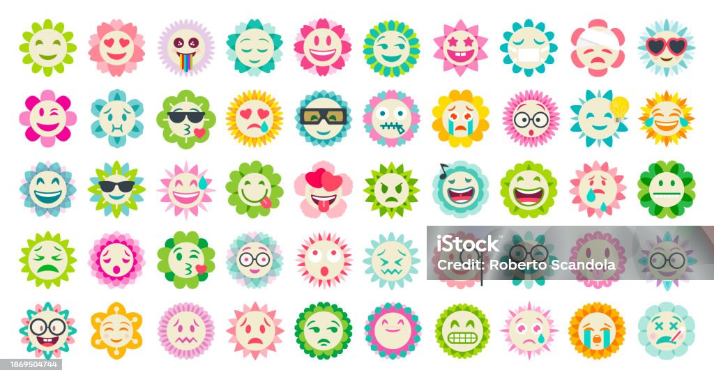 Vector Set Of Colorful Groovy Flowers With Smiling Faces Colorful
