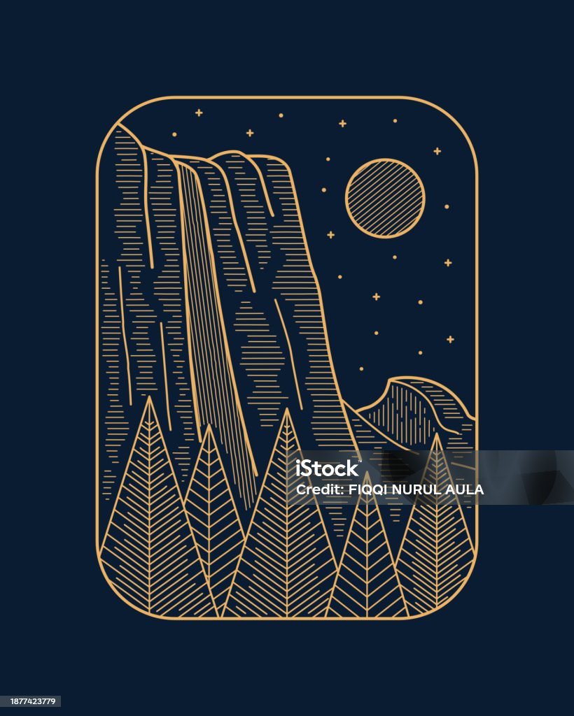 Majesty Of Yosemite Falls National Park In Mono Line Style Vector Art