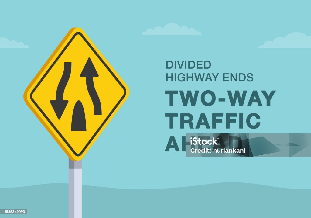 Safe Driving Tips And Traffic Regulation Rules Closeup Of United States Divided Highway Ends