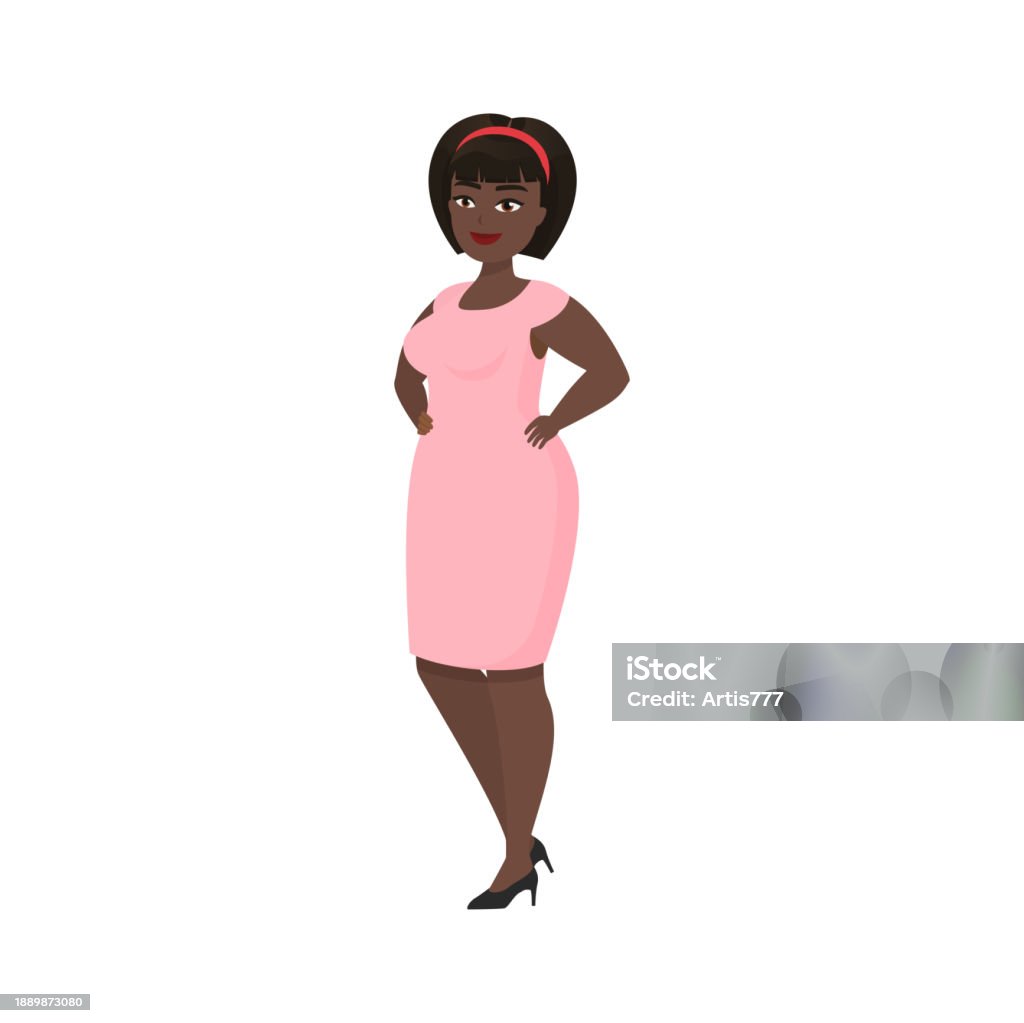 Ilustración De Mujer Feliz Gordita Con El Pelo Corto Y Vestido Rosa De