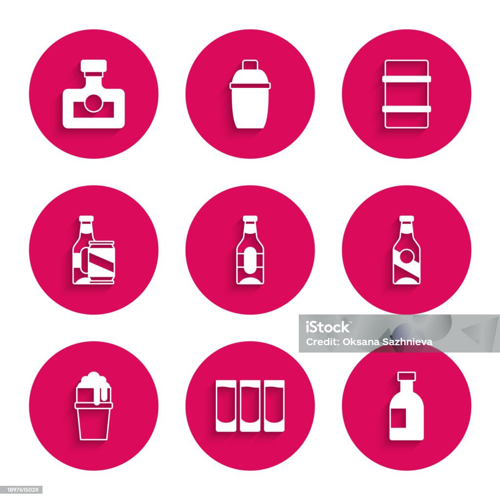 Set Beer Bottle Shot Glass Glass Of Vodka Beer And Can Metal Keg And Alcohol Drink Rum Icon