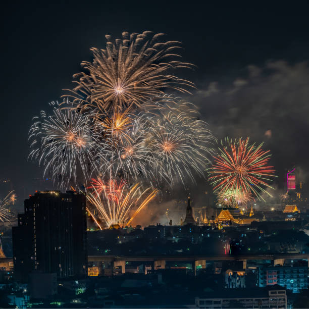 220 Fireworks Countdown Happy New Year Bangkok Asia Thailand Stock