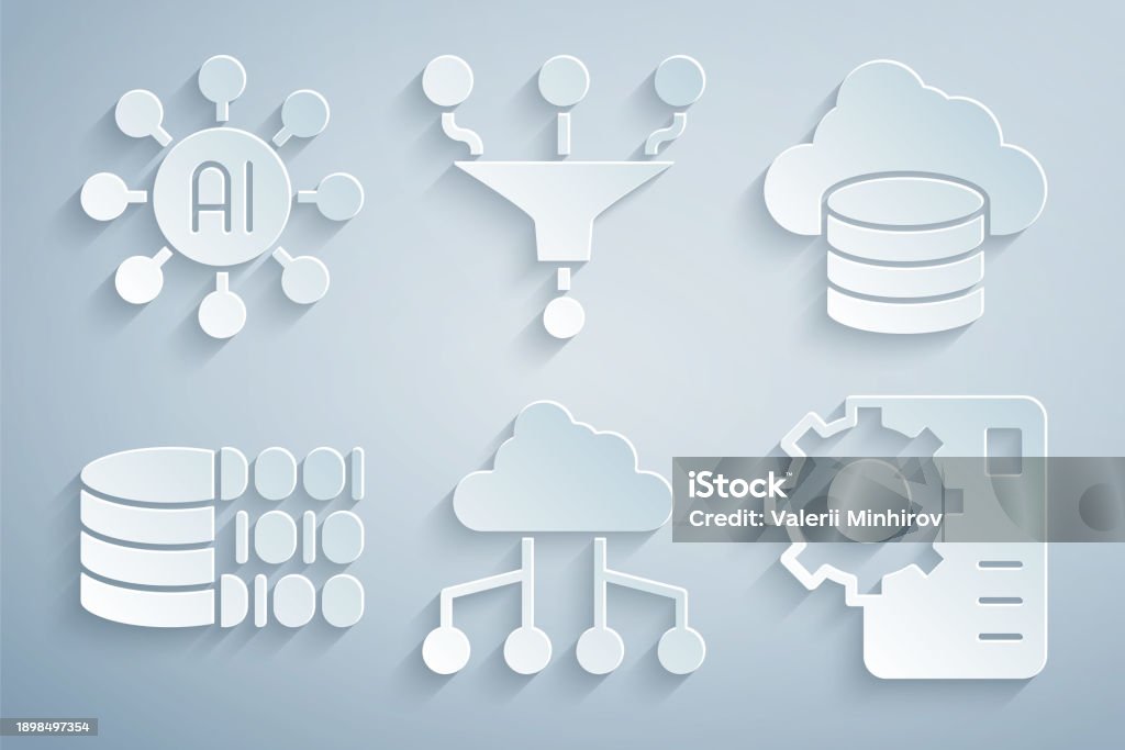 Set Network Cloud Connection Cloud Database Binary Code Neural Network Funnel Filter And Icon