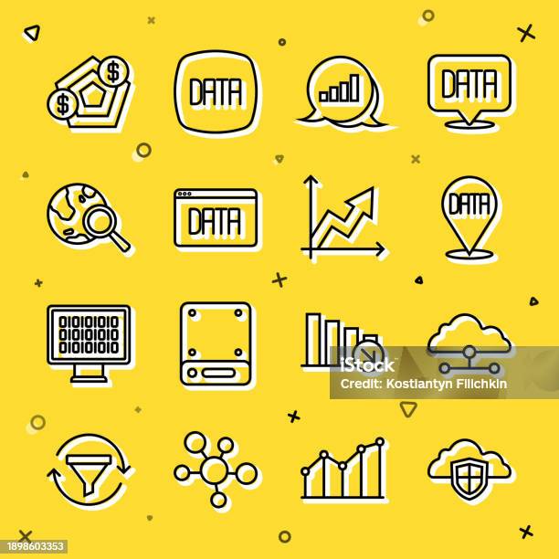 Set Garis Cloud Dan Perisai Koneksi Cloud Jaringan Analisis Data