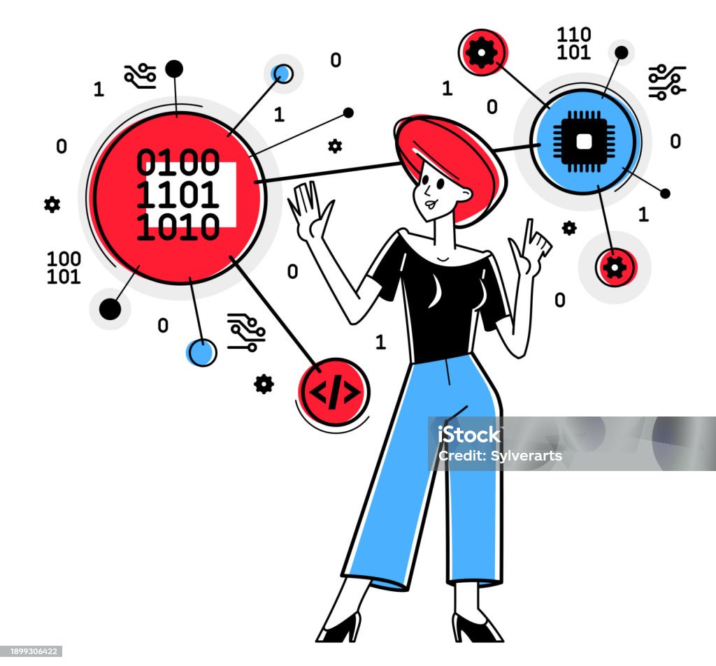 Programmer Is Coding And Repairing Some Machine System Vector Outline