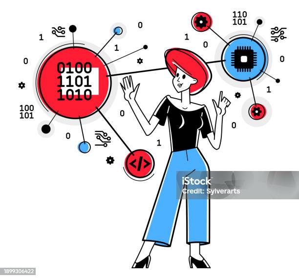 Programmer Is Coding And Repairing Some Machine System Vector Outline