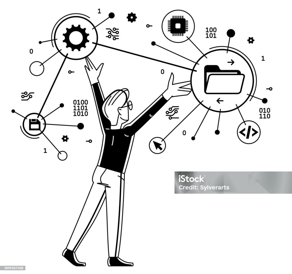 Programmer Is Coding And Repairing Some Machine System Vector Outline