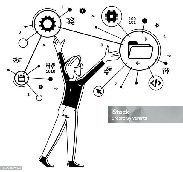 Programmer Is Coding And Repairing Some Machine System Vector Outline