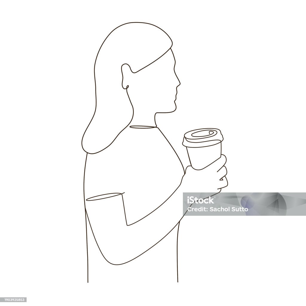 Line Art Of Side View Of Woman Holding A Takeaway Coffee Cup Stock