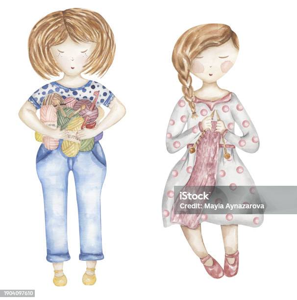 Set Ilustrasi Wanita Rajut Cat Air Yang Digambar Tangan Bola Benang