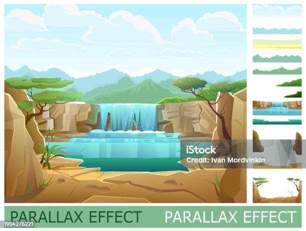 Air Terjun Dan Danau Di Antara Bebatuan Set Slide Untuk Efek Paralaks ... Air Terjun Dan Danau Di Antara Bebatuan Set Slide Untuk Efek Paralaks ...