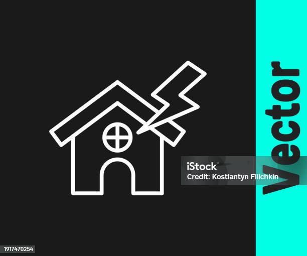 Maison De Ligne Blanche Et Icône De Foudre Isolée Sur Fond Noir Maison