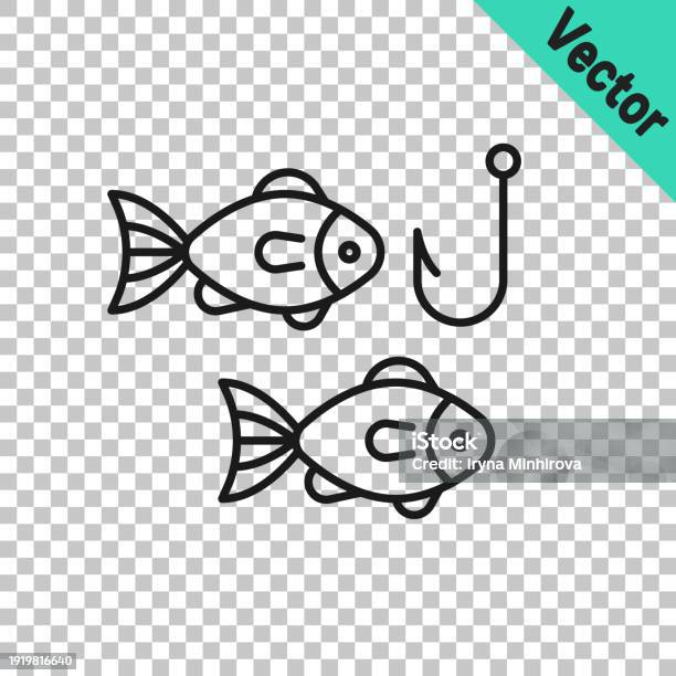 Ligne Noire Hameçon Sous Leau Avec Icône De Poisson Isolée Sur Fond