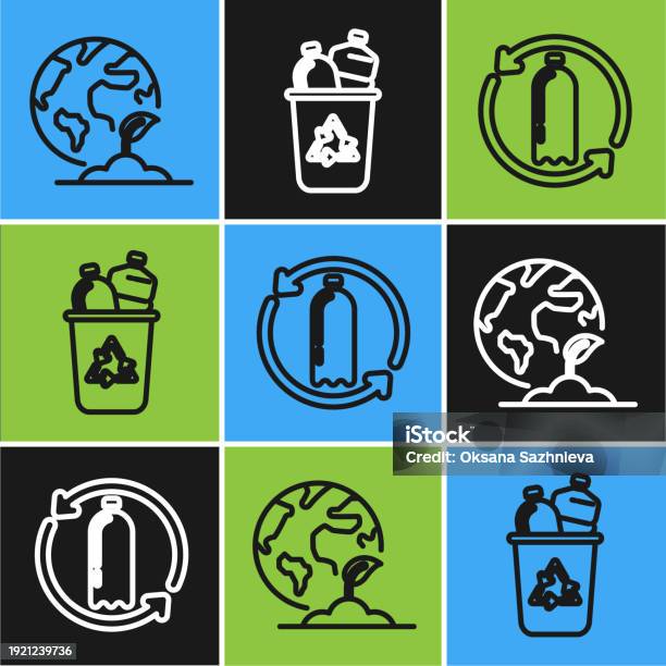 Set Garis Bumi Globe Dan Tanaman Daur Ulang Botol Plastik Dan Recycle