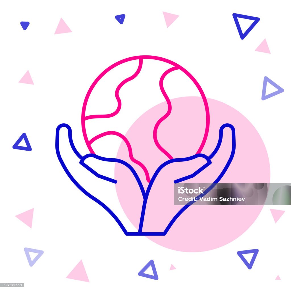 Line Human Hand Holding Earth Globe Icon Isolated On White Background