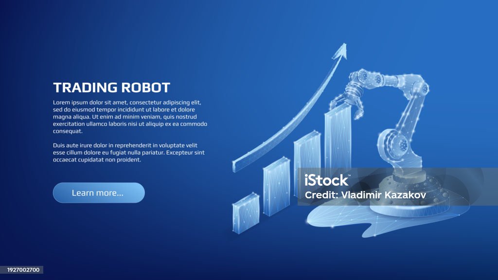 Polygonal Shiny Trading Robot Isometric Concept With Chart And Upward Arrow And Copy Space On