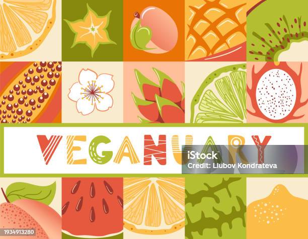 Vegan Spanduk Kartun Buahbuahan Eksotis Tropis Lemon Segar Irisan Jeruk