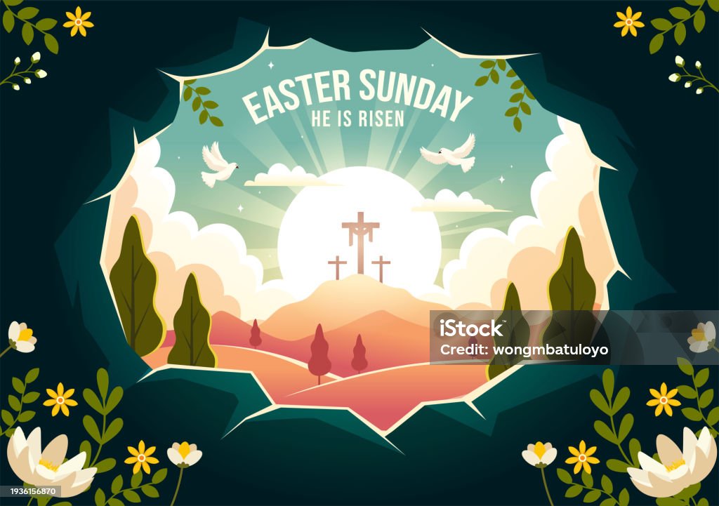 Selamat Minggu Paskah Vektor Ilustrasi Yesus Dia Bangkit Dan Perayaan