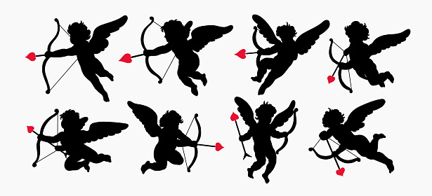 Set Of Cherub Silhouette Valentines Day Cute Cupid Angels With Wings