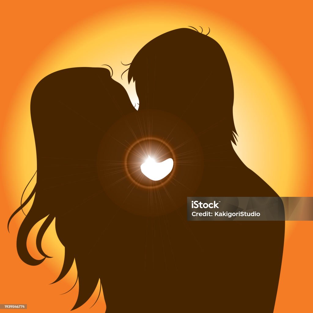 Sunset Silhouette Couple Kissing Stock Illustration Download Image