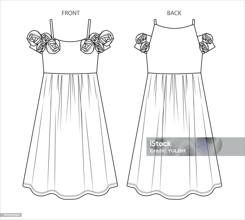 Vector Flared Long Dress Fashion Cad Woman Midi Dress With Shoulder