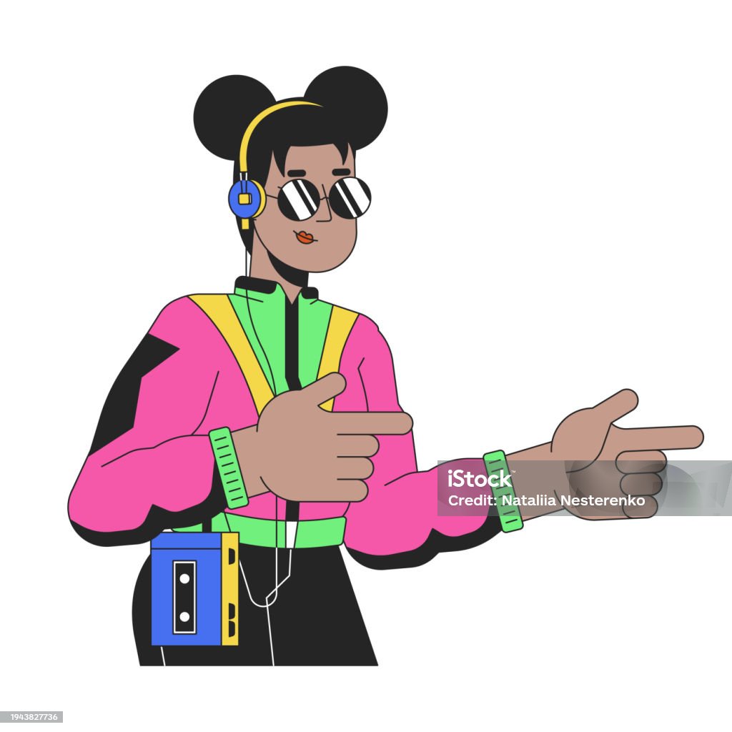 African American Girl 90s Fingers Pointing Cool 2d Linear Cartoon