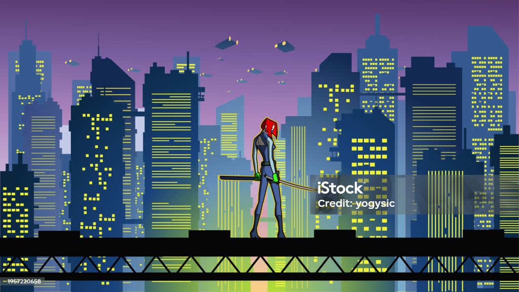 Vector Rear View Female Cyberpunk Mercenary With City Skyline