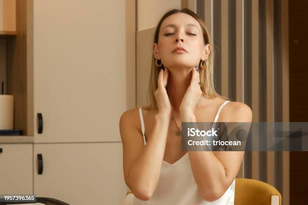 Caucasian Woman Touching Her Throat Sore Throat Cold Flu Tonsillitis Or