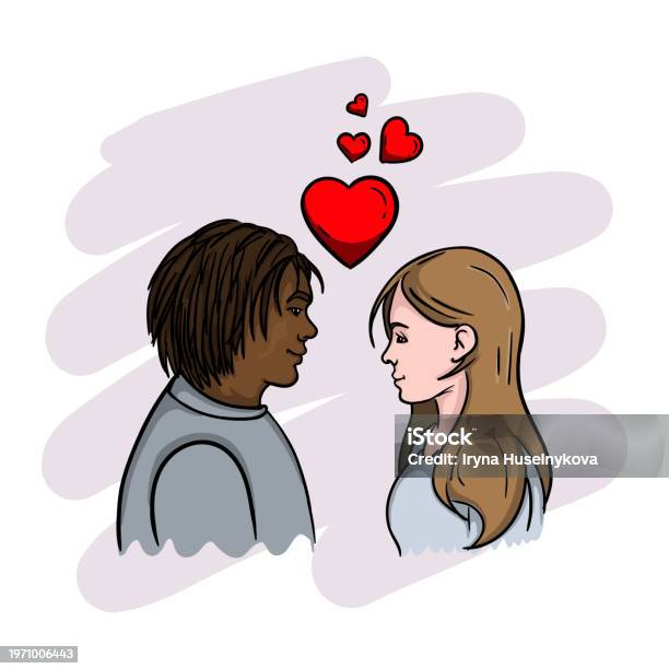 Darkskinned Guy And White Girl In Love Want To Kiss Stock Illustration