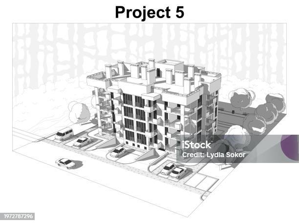 Vector Architectural Project Of A Multistory Building Aerial View Stock