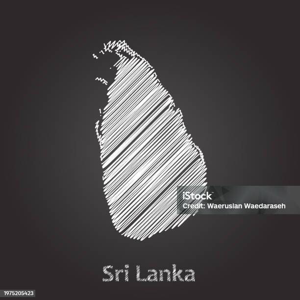 Sri Lanka Map Hand Drawn White Scribble Sketch On Black Background
