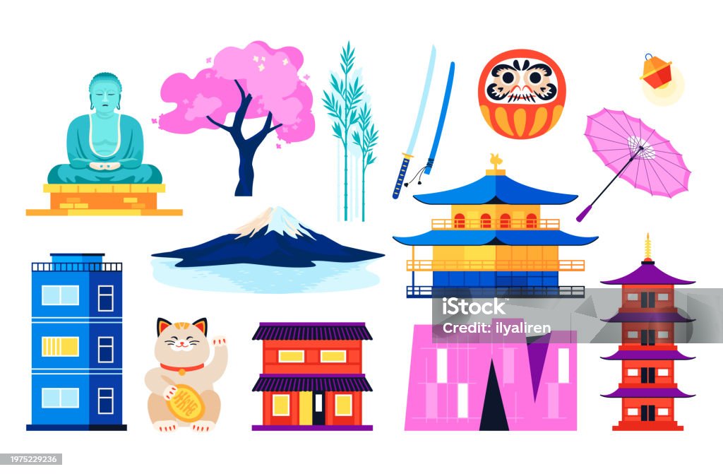 Traditional Values Of Japan Flat Design Style Objects Set Stock