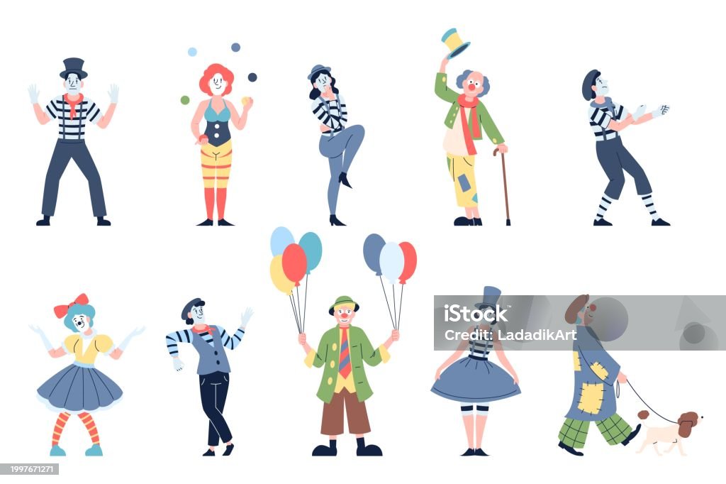 Mimes And Clowns Circus Characters Mime Clown In Bright Costumes ... Mimes And Clowns Circus Characters Mime Clown In Bright Costumes ...