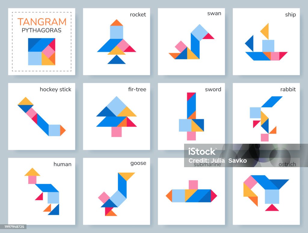 Tangram Pythagoras Puzzle Vector Set With Objects Stock Illustration