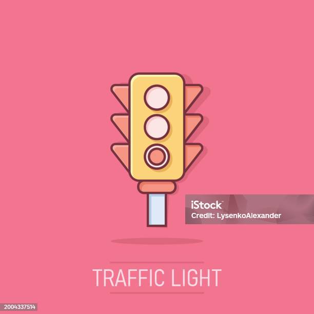 Semaphore Icon In Comic Style Traffic Light Cartoon Vector Illustration