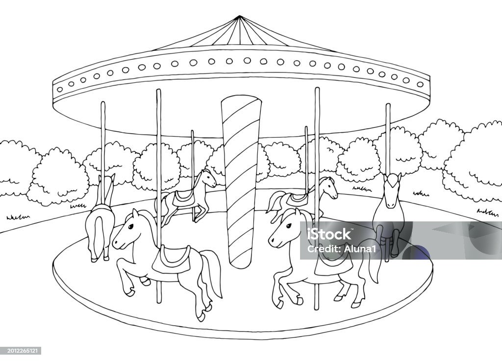 Carousel Amusement Park Landscape Graphic Black White Sketch Illustration Vector Stock