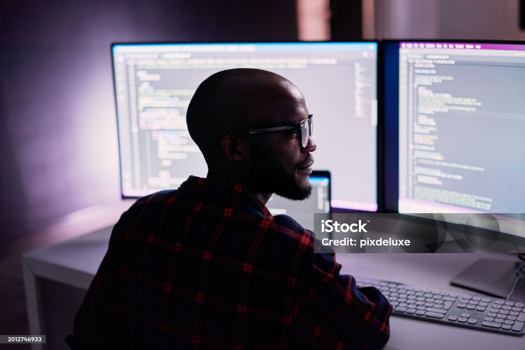 Cyber Security Black Man And Code Reflection In Eyewear Hacking And Software Update In Office