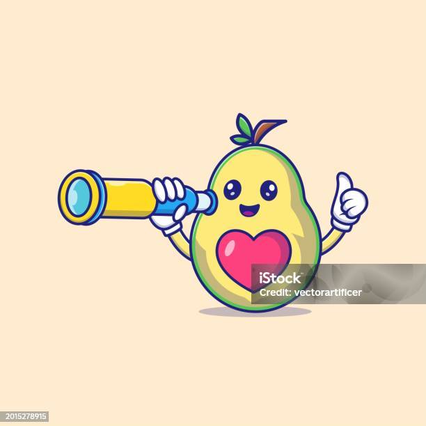 Cute Avocado Holding Telescope Mascot Character Vector Icon Illustration Stock Illustration