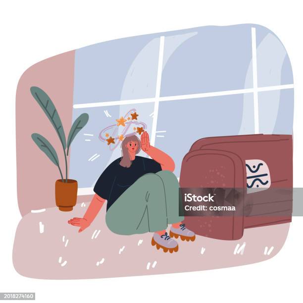 Cartoon Illustration Of Iron Deficiency Anemia Sad Arabic Woman With