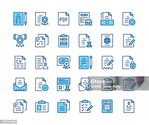 Document Icons Set Vector Line Icons Blue Color Outline Stroke Symbols