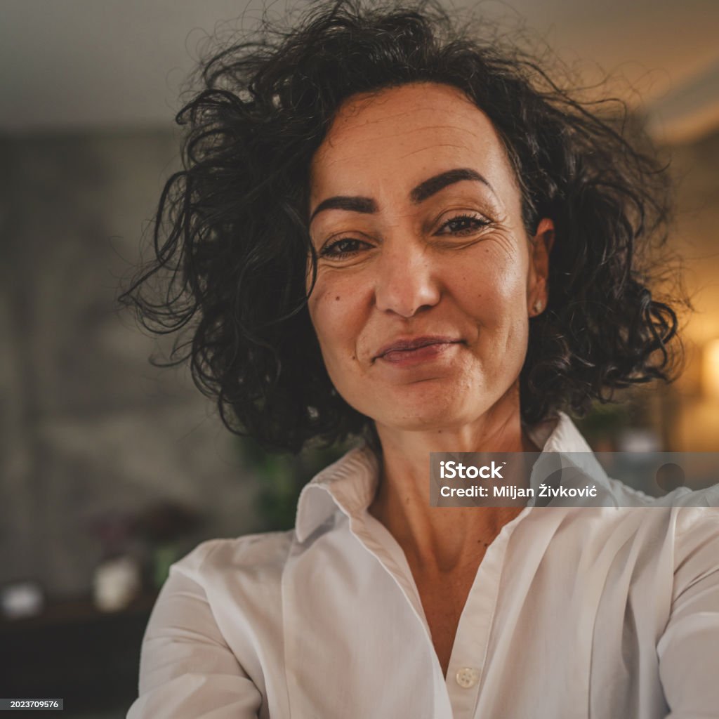 Mature Caucasian Woman Wear White Shirt Happy Smile Portrait Close Up