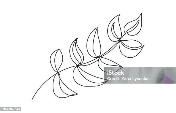 Dessin Continu Dune Ligne De Branche Avec Des Feuilles Planter Dessin