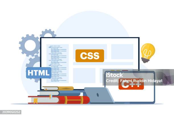 Web Development Or Programming Language Concept Css Html It Ui Cartoon Character Programmer